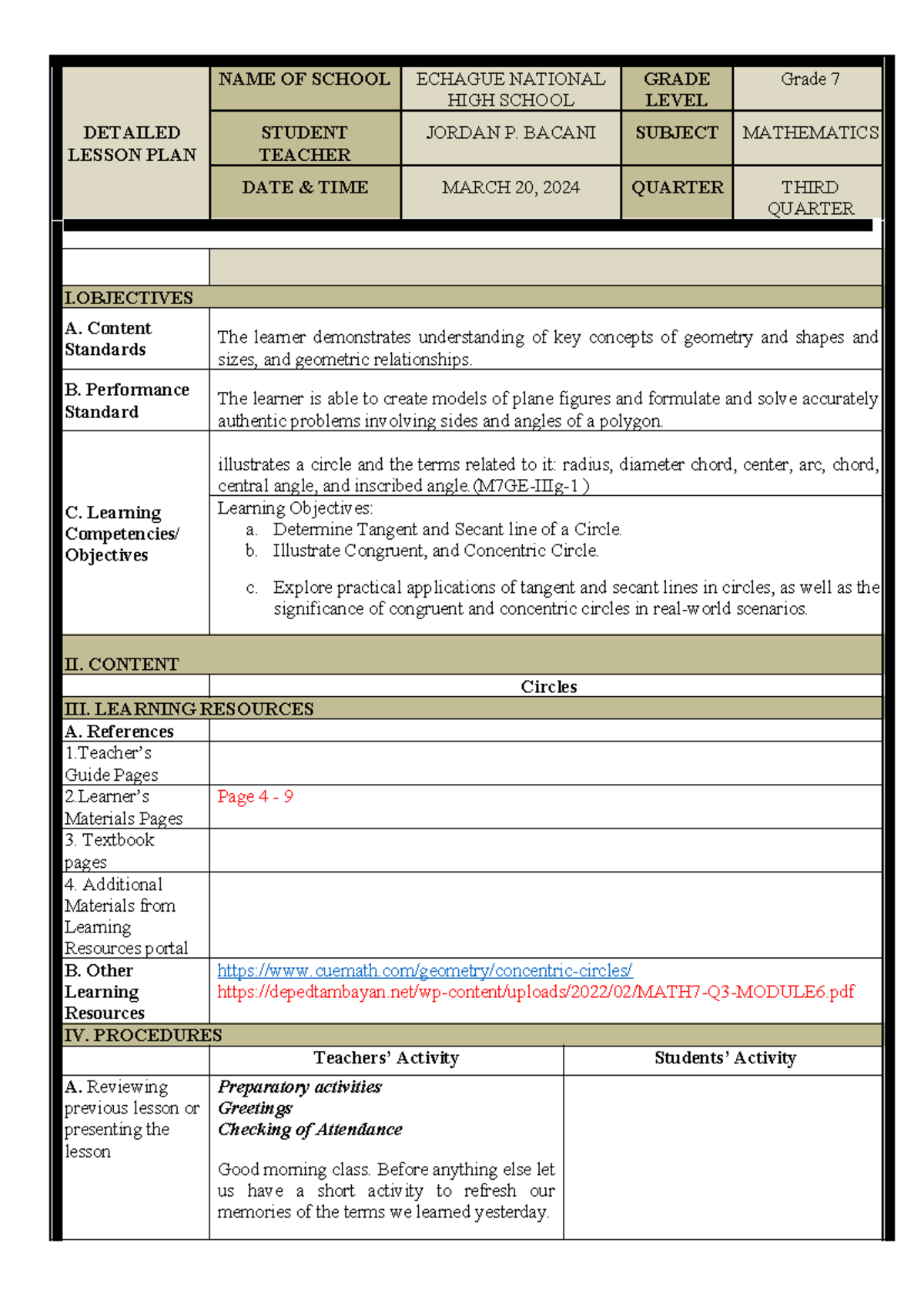 March 20, 2024 DLP - DETAILED LESSON PLAN NAME OF SCHOOL ECHAGUE ...