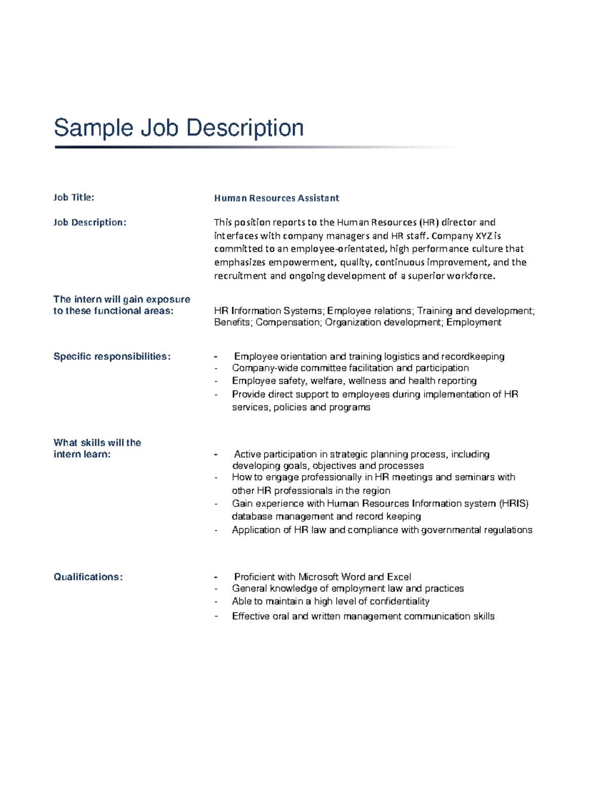 Sample Job Description for Resume building for new applicants or new ...