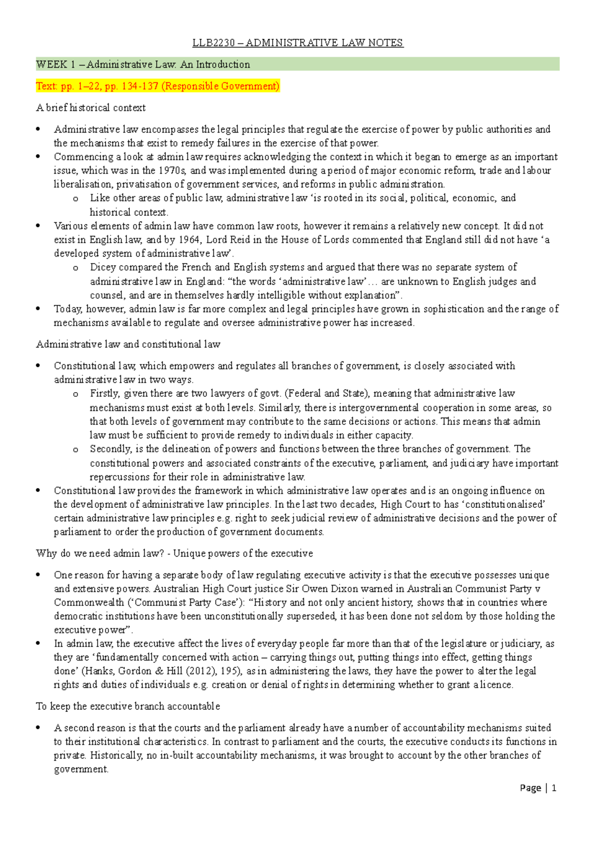 Admin LAW Notes - LLB2230 – ADMINISTRATIVE LAW NOTES WEEK 1 ...