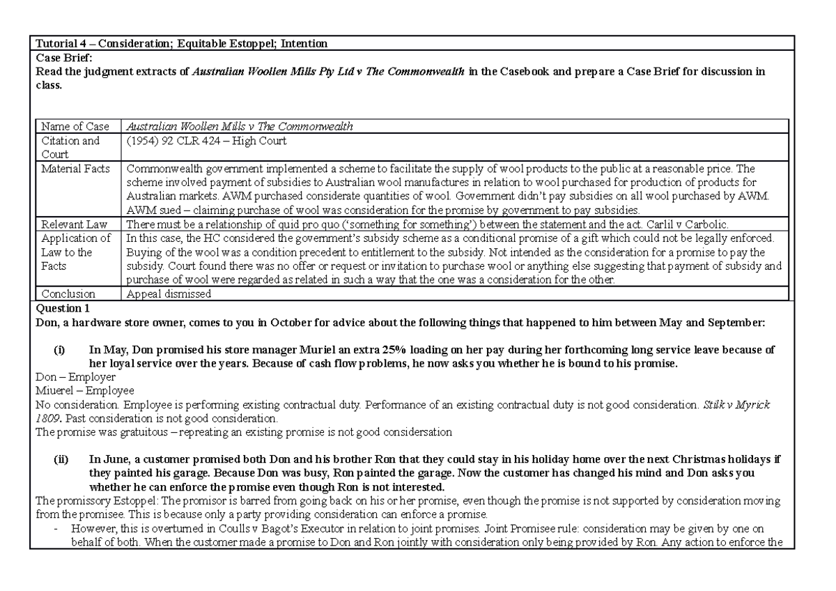 Tutorial 4 – Consideration; Equitable Estoppel; Intention - Tutorial 4 – Consideration ...
