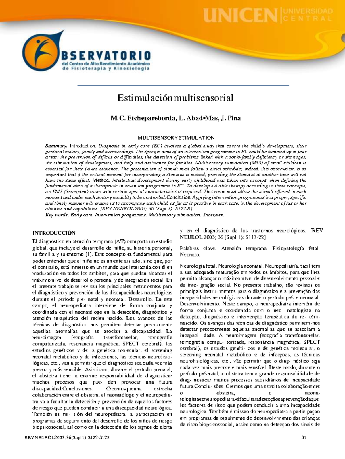 Estimulacion - sensorial - REV NEUROL 2003; 36 (Supl 1): S122-S128 S 1 ...