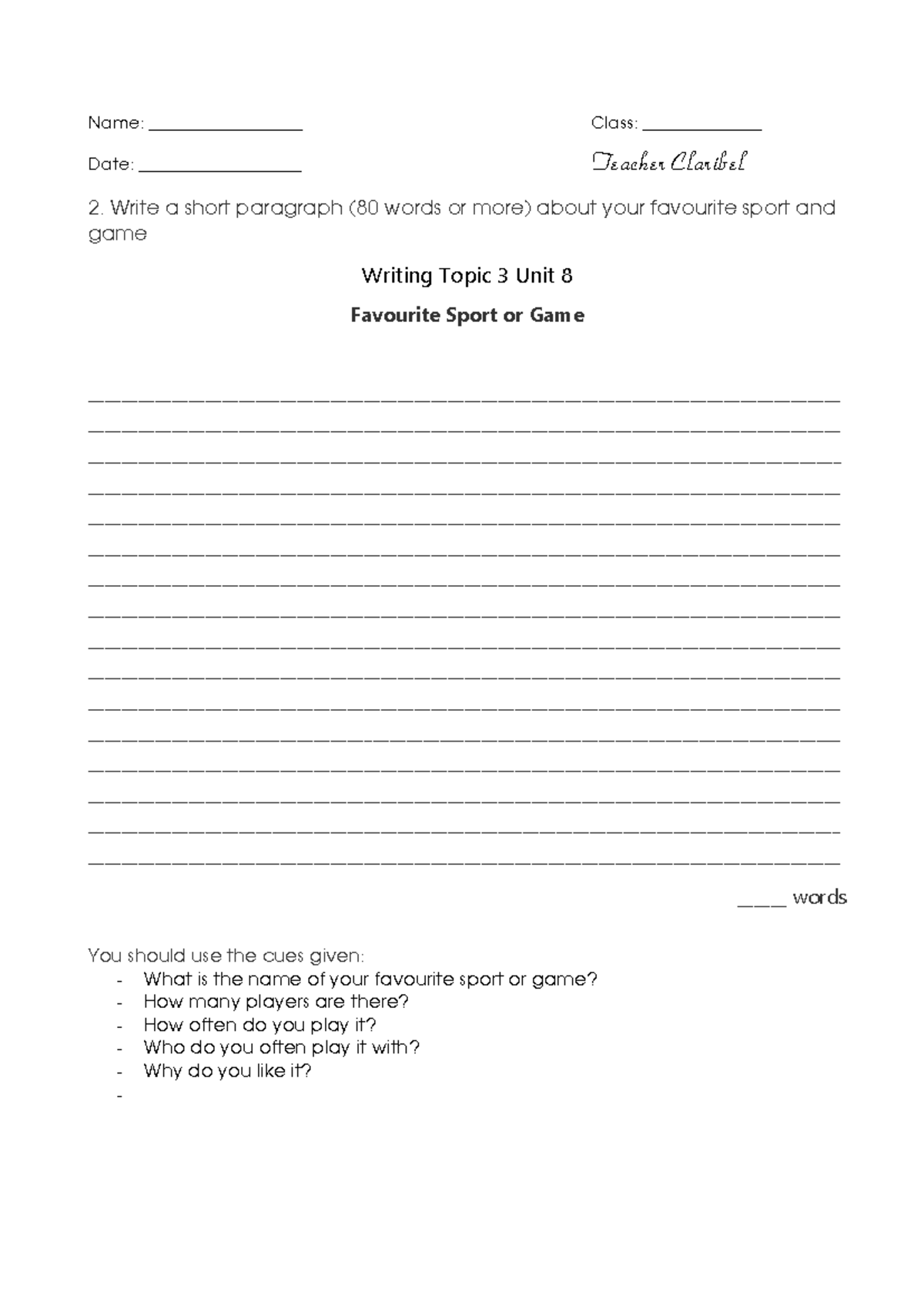 FAve Game or Sport pdf - primary study - Name: __________________ Class ...