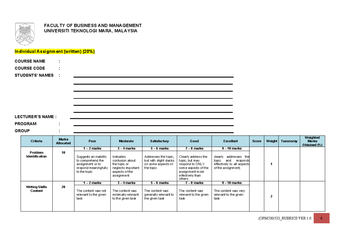 Rubrics Opm530 Individual Written Assignment Opm530 533 Rubrics Ver