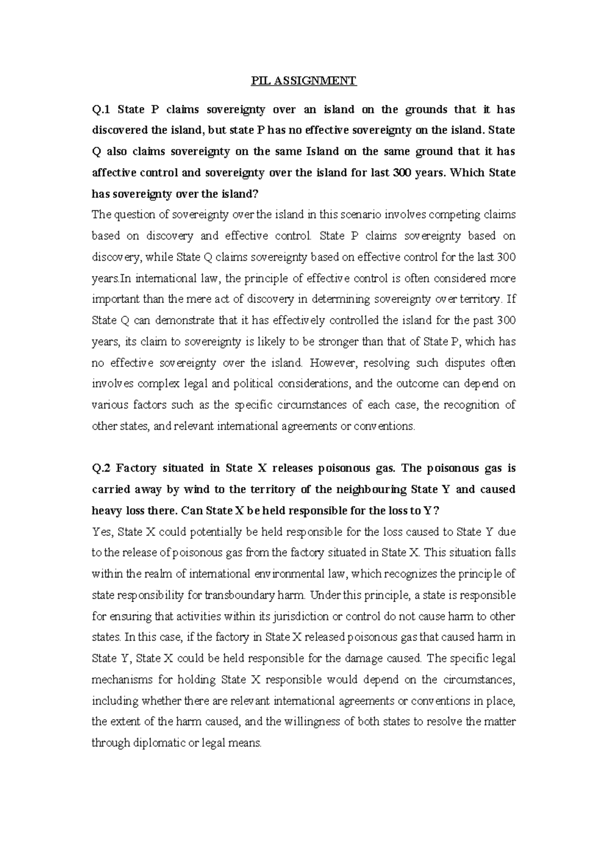 PIL AG - PIL ASSIGNMENT Q State P claims sovereignty over an island on the grounds that it has ...