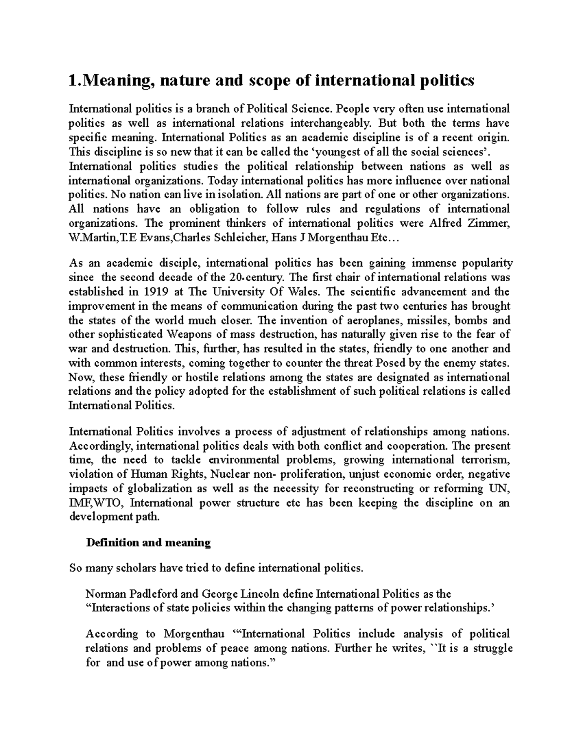 Iv sem rough notes - International Politics - 1, nature and scope of ...