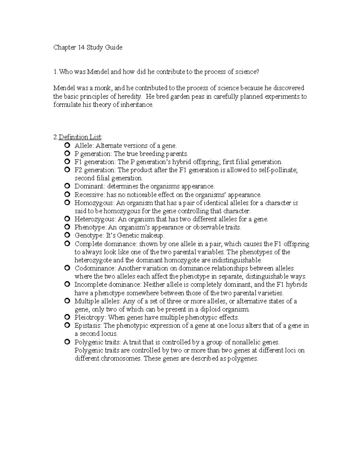 Chapter 14 Study Guide - Chapter 14 Study Guide 1 was Mendel and how ...
