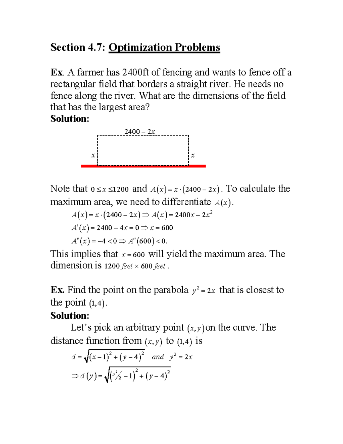 Notes Calculus I Section 4 7 Optimization Problems Section 4