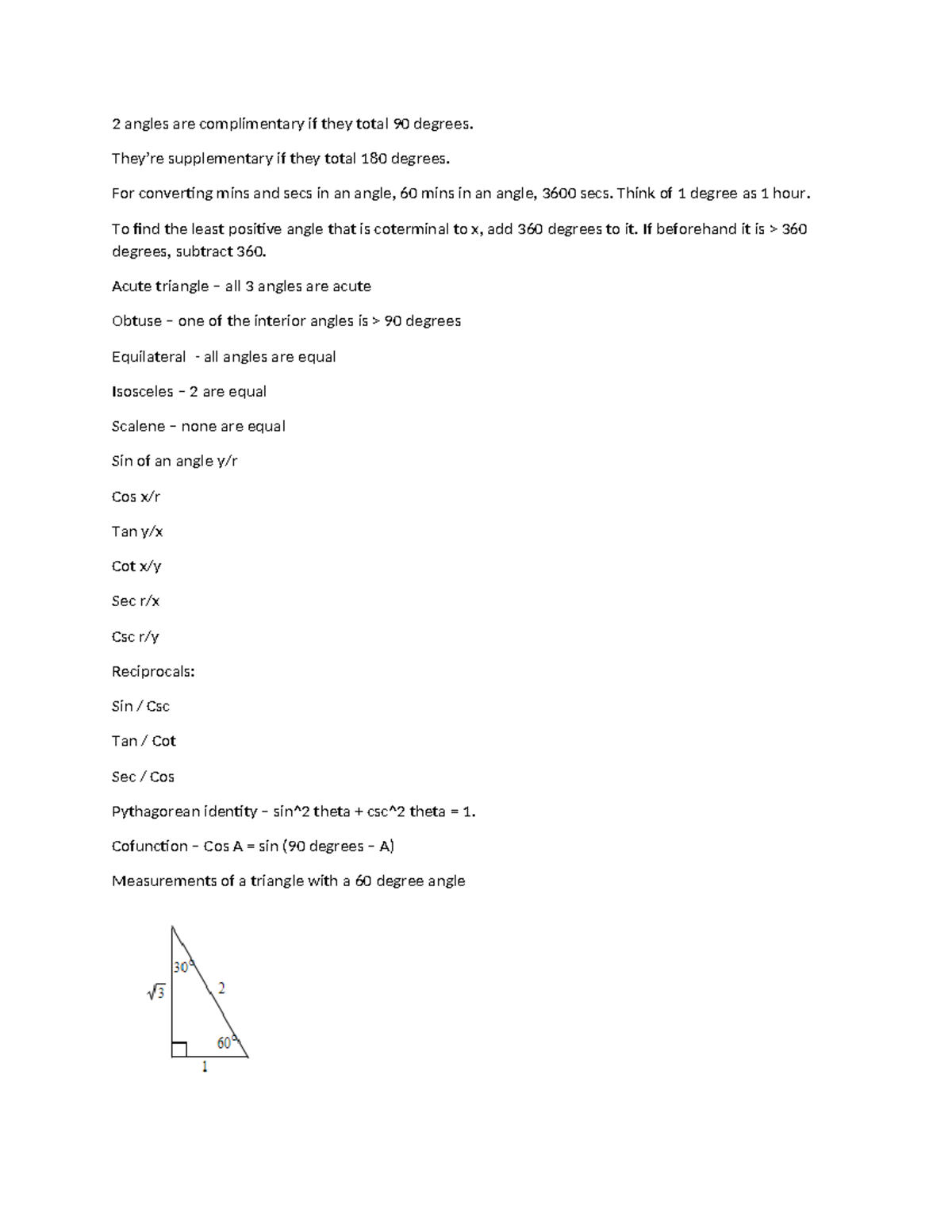 Plane trig notes - 2 angles are complimentary if they total 90 degrees ...