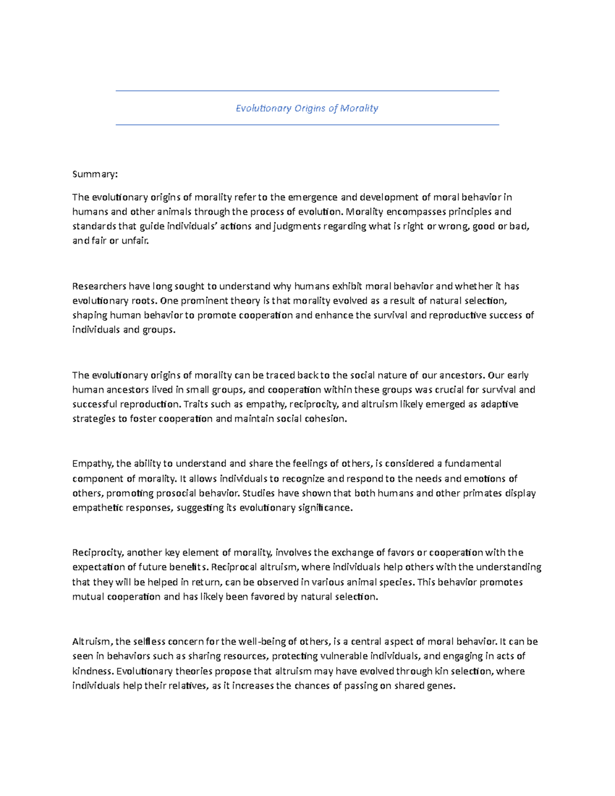 Evolutionary Origins of Morality (Summary) - Evolutionary Origins of ...