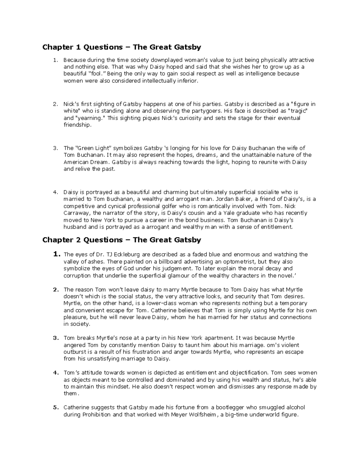 All # Chapters Questions - The Great Gatsby - Because during the time ...