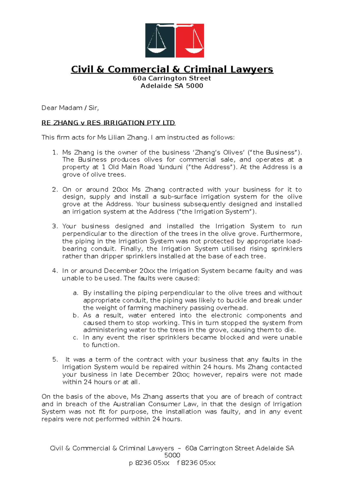 Pre trial letter - Zhang - Civil & Commercial & Criminal Lawyers 60a ...