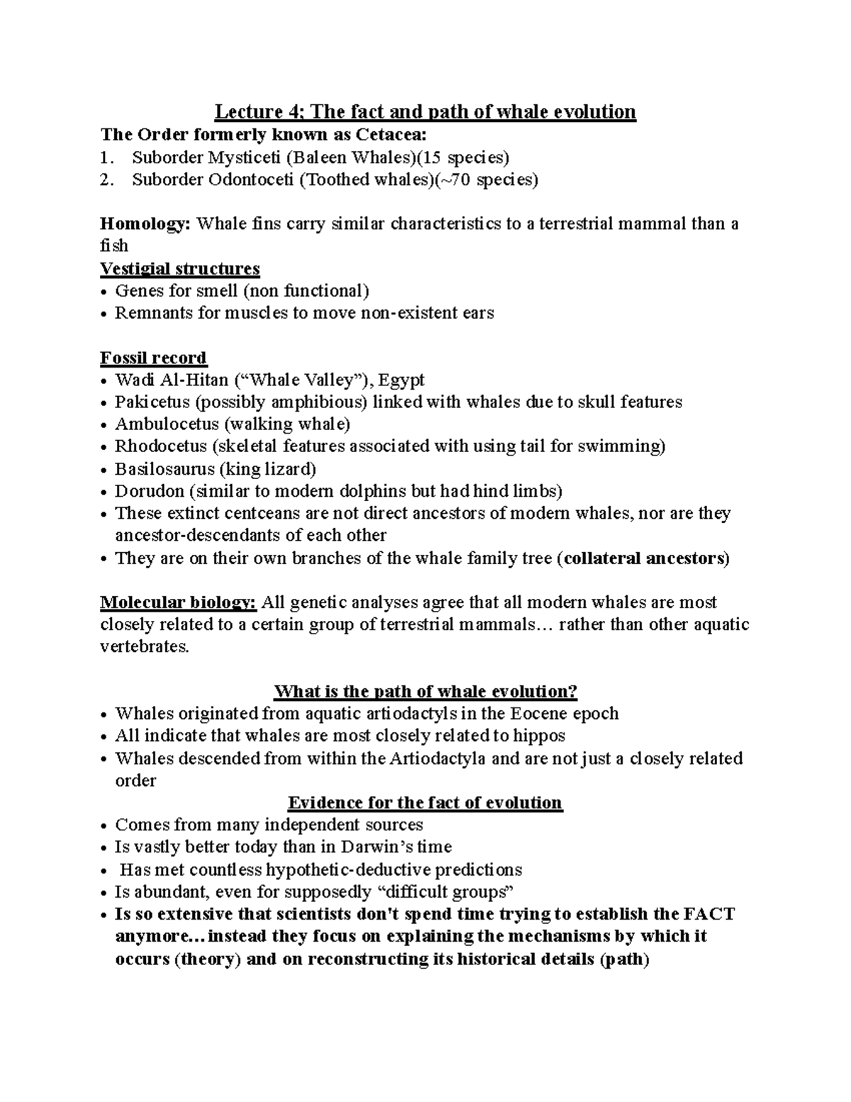 Lecture 4 evolution - Lecture 4; The fact and path of whale evolution ...