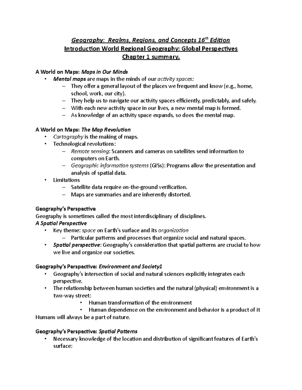 Geography chapter 1 summary - Geography: Realms, Regions, and Concepts ...