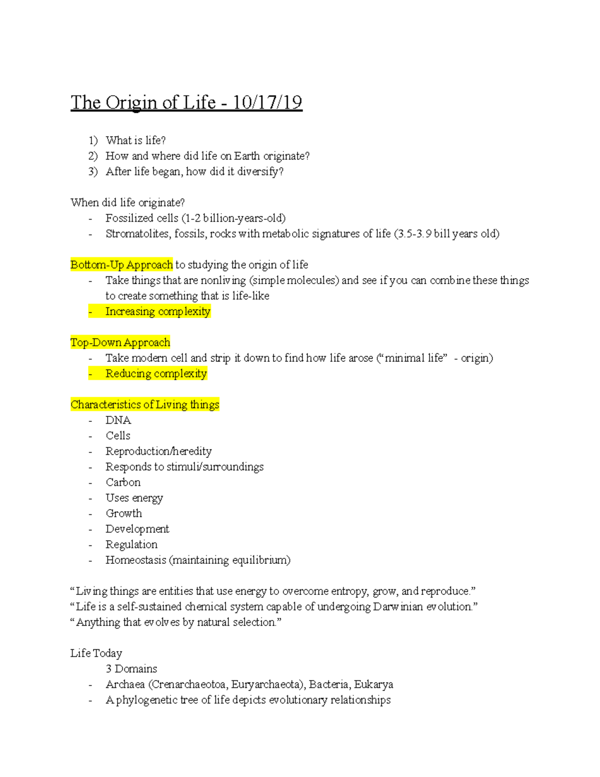Biology Section - CC111 Lecture Notes - The Origin of Life - 10/17 ...