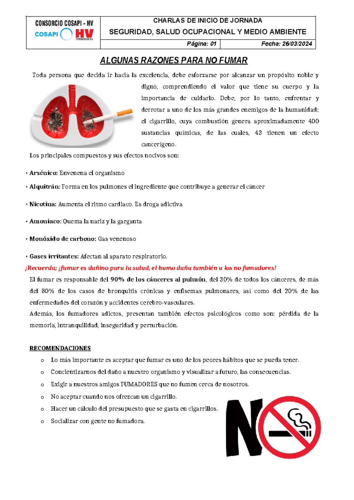Charlas Salud - Consorcio Cosapi HV - ALGUNAS RAZONES PARA NO FUMAR ...