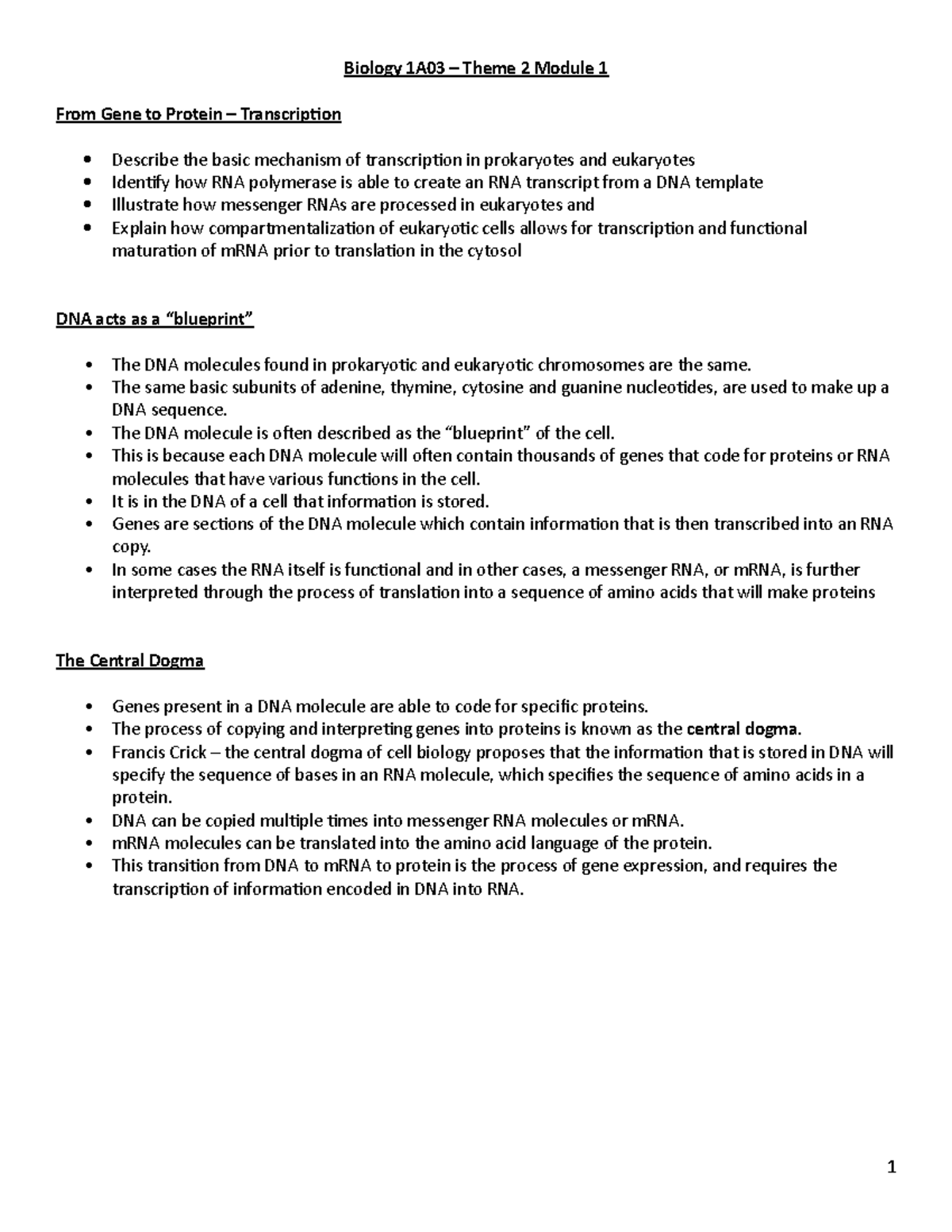 Biology 1A03 – Theme 2 Module 1 - Biology 1A03 – Theme 2 Module 1 From ...