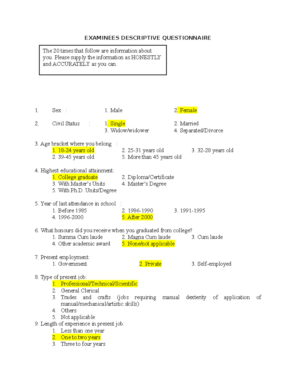 408961959-Csc - sample - EXAMINEES DESCRIPTIVE QUESTIONNAIRE 1. Sex : 1 ...