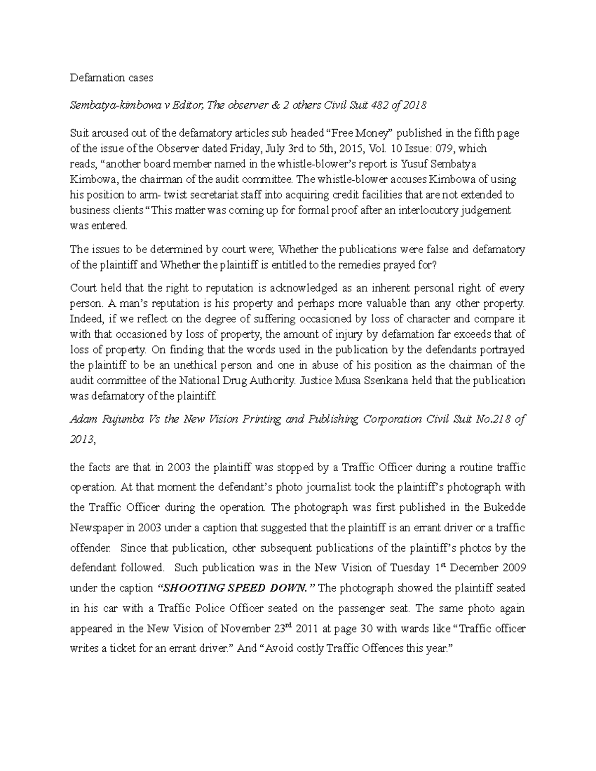 Defamation defenses - tort law - Defamation cases Sembatya-kimbowa v ...