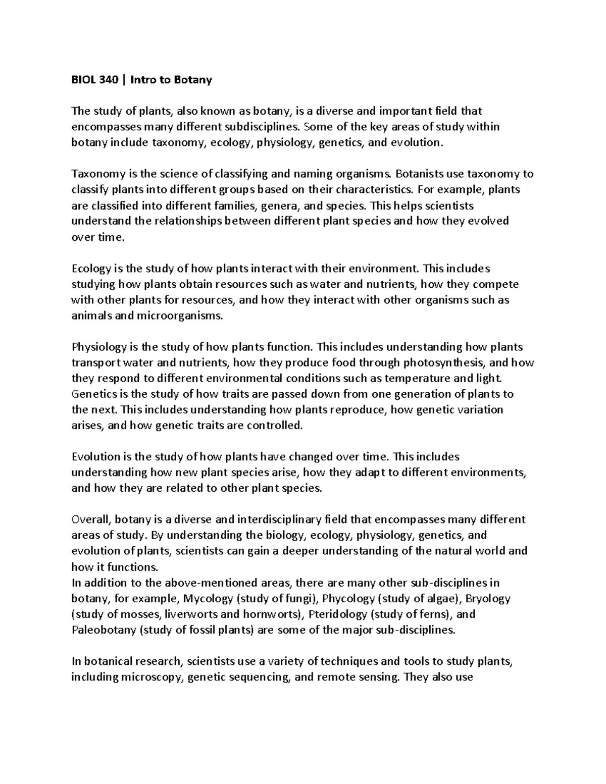 BIOL 340 intro to botany notes - BIOL 340 | Intro to Botany The study ...