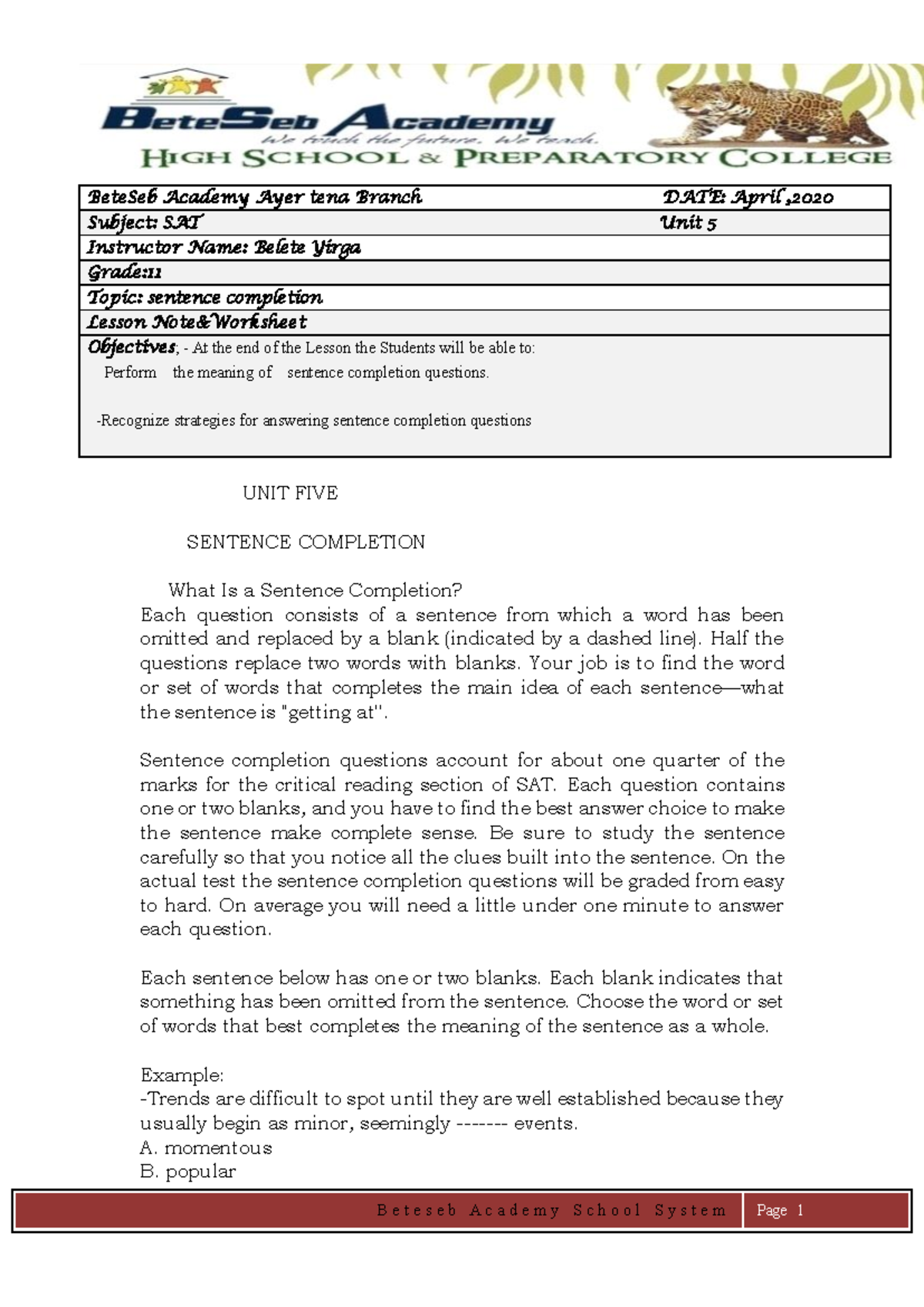 English language SAT practice question - BeteSeb Academy Ayer tena ...