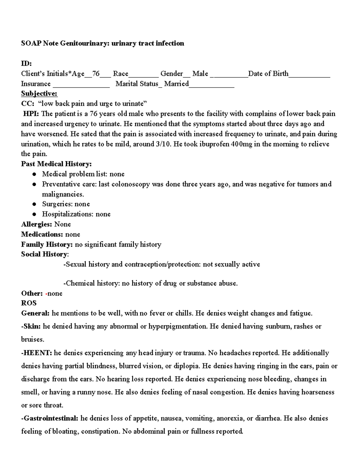 Urinarytractinfection SOAP - SOAP Note Genitourinary: urinary tract ...