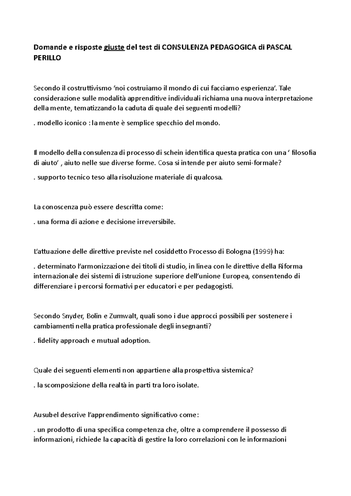 Domande e risposte giuste del test di Consulenza Pedagogica di Pascal ...