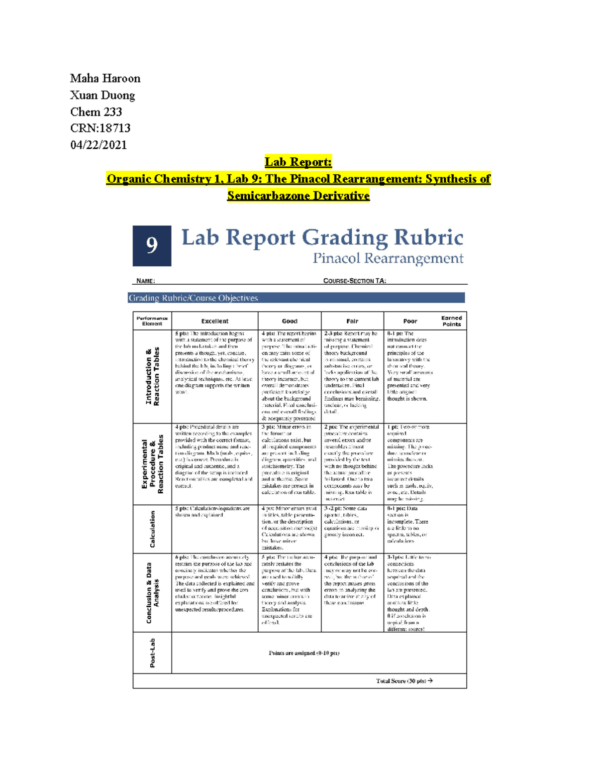 Orgo Post-lab 9 - Orgo- Lab report - Maha Haroon Xuan Duong Chem 233 ...
