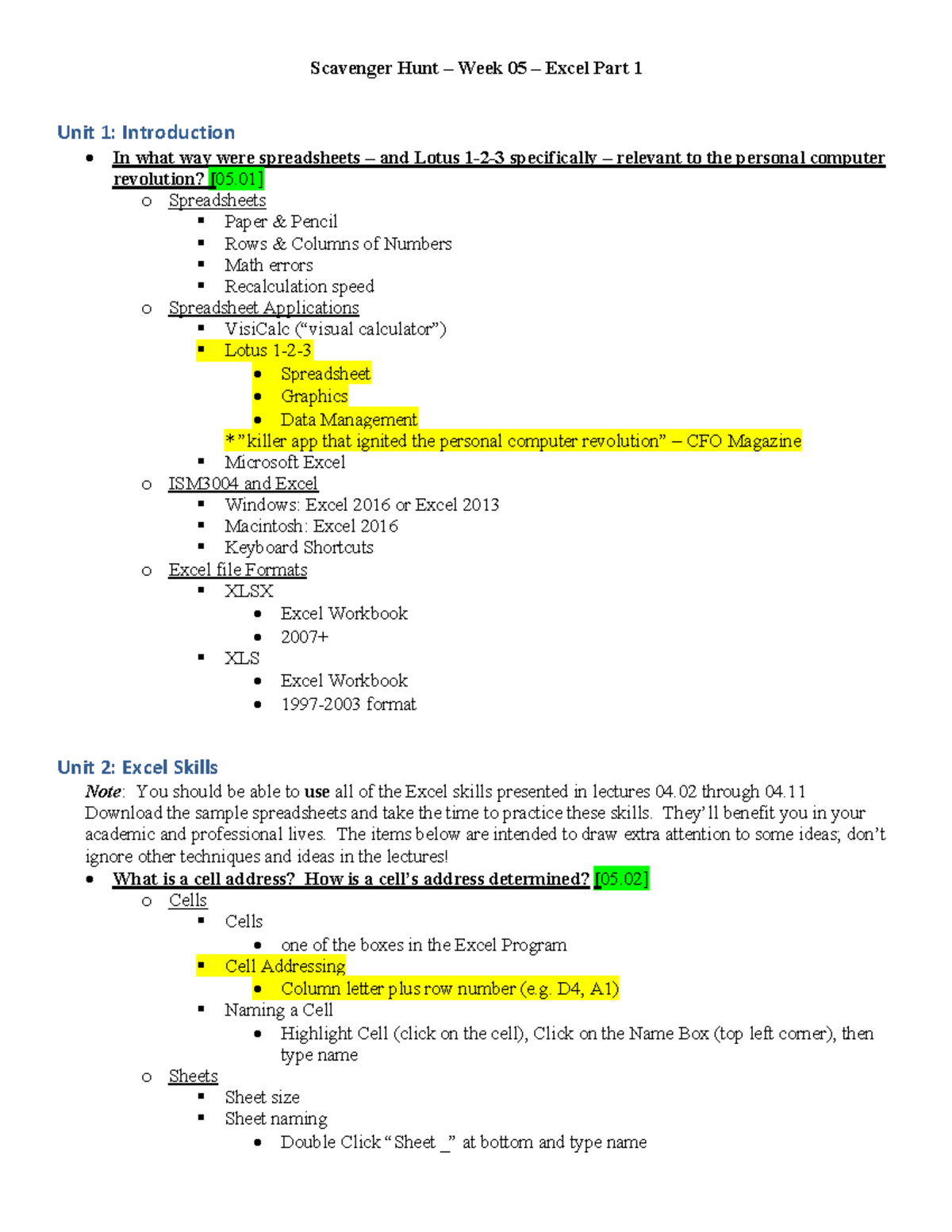 Scavenger Hunt Week 05 Excel Part 1 - Studocu