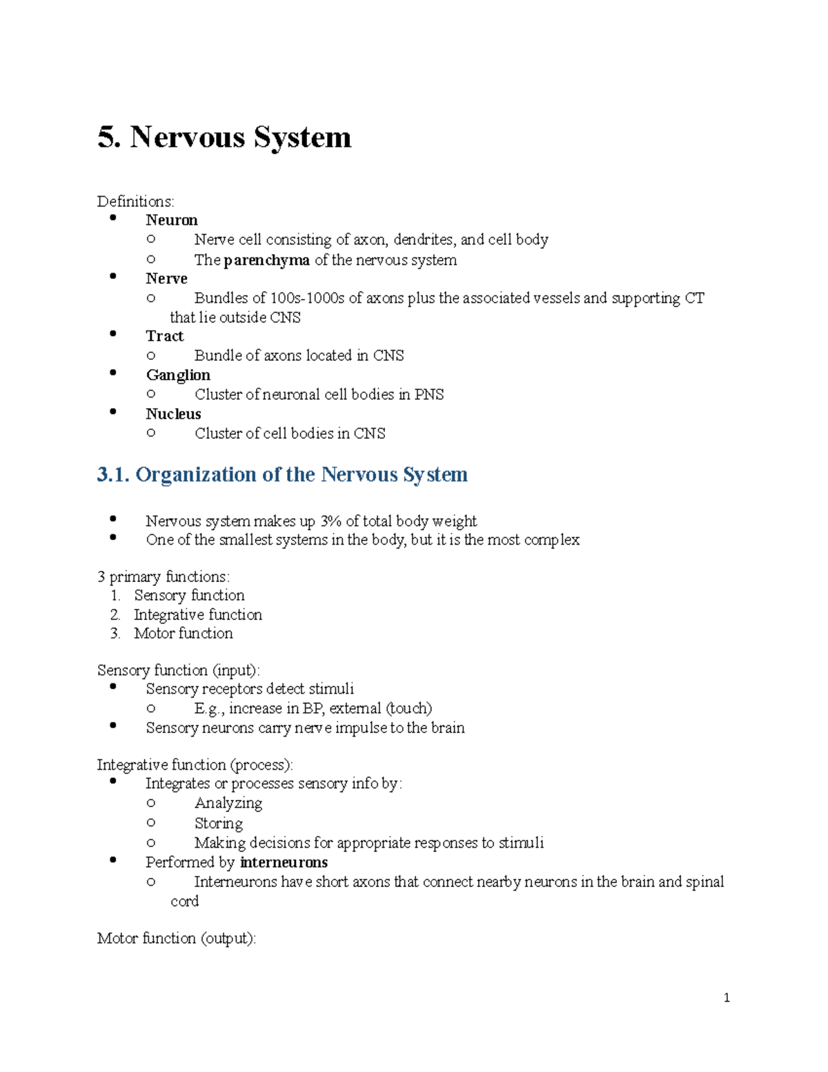 5. Nervous System - Lecture notes 2 - 5. Nervous System Definitions ...