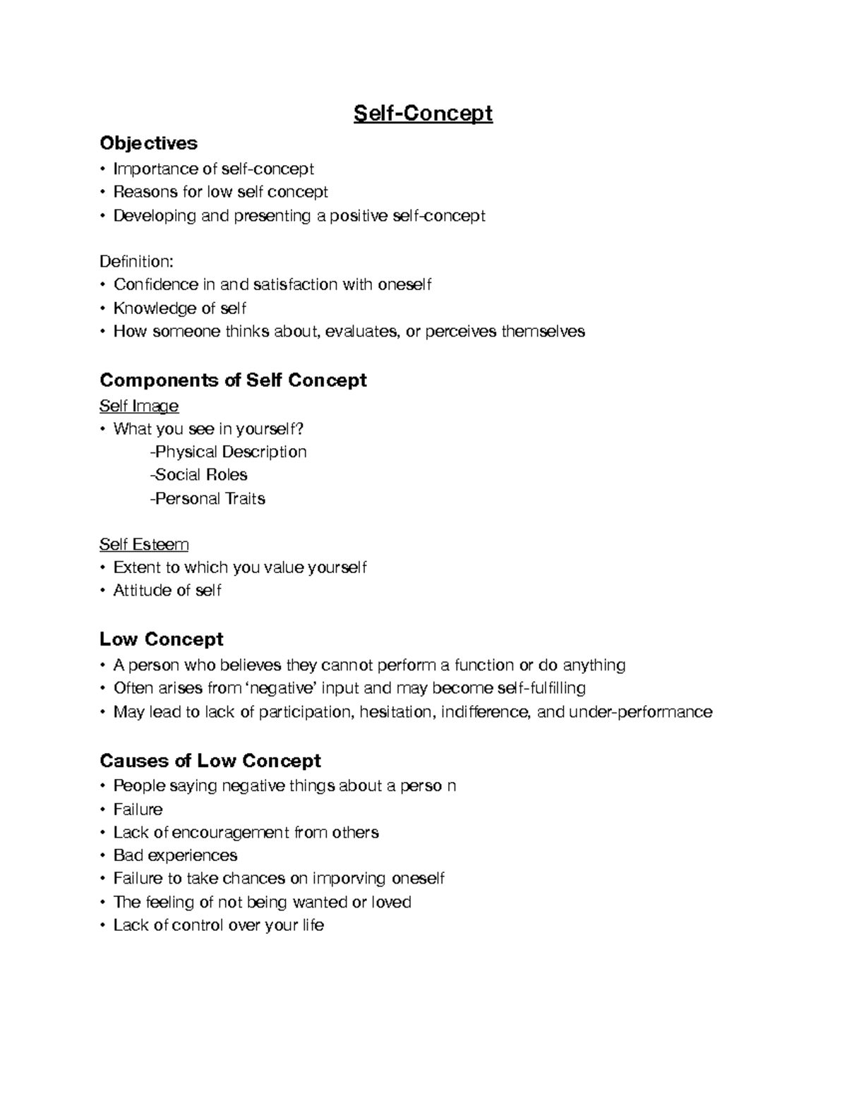 Self-Concept Daily Lecture Notes - Self-Concept Objectives • Importance ...