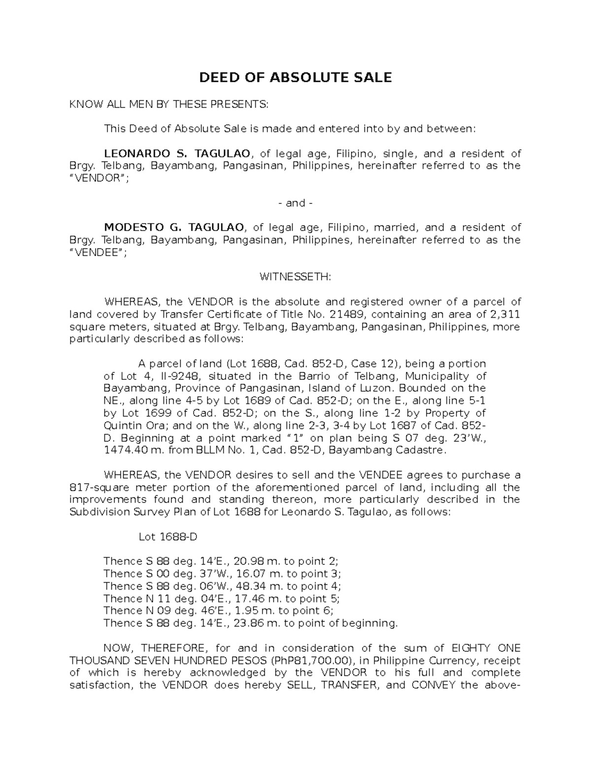 DOS-Modesto-Tagulao - asdasd - DEED OF ABSOLUTE SALE KNOW ALL MEN BY ...