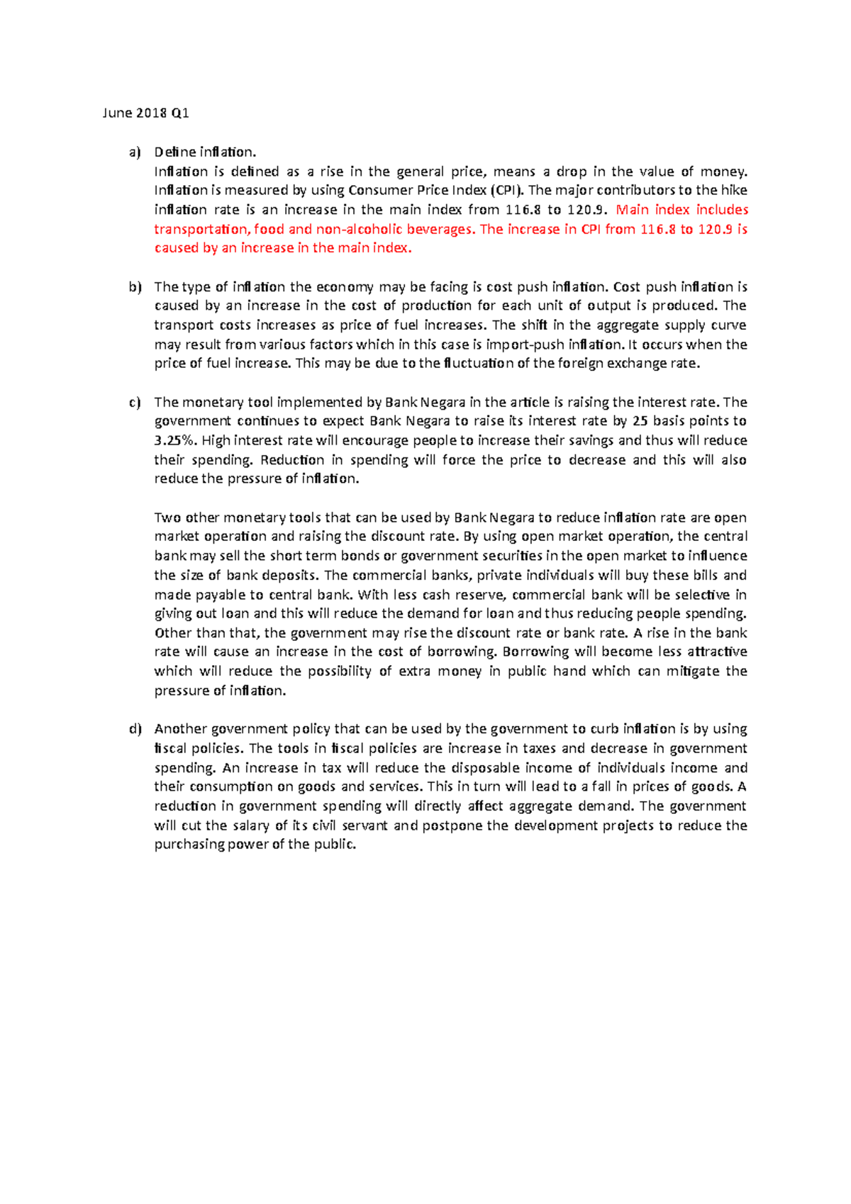 ECO Case study exercise - June 2018 Q a) Define inflation. Inflation is ...