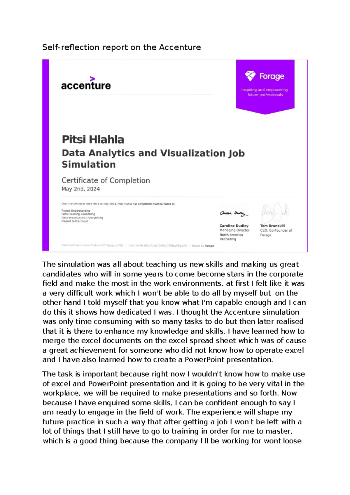 Hlahla PN - Copy - Forage simulation - Self-reflection report on the ...
