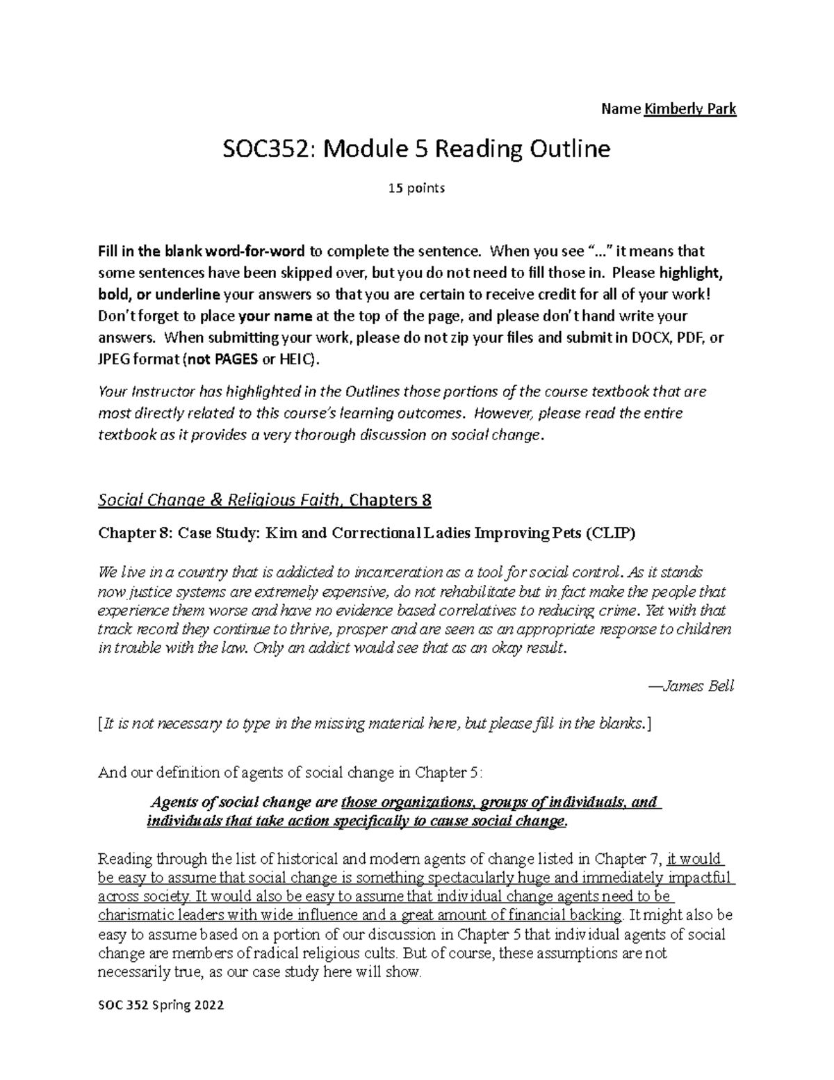 SOC352 Module 5 Reading Outline - Name Kimberly Park SOC352: Module 5 ...