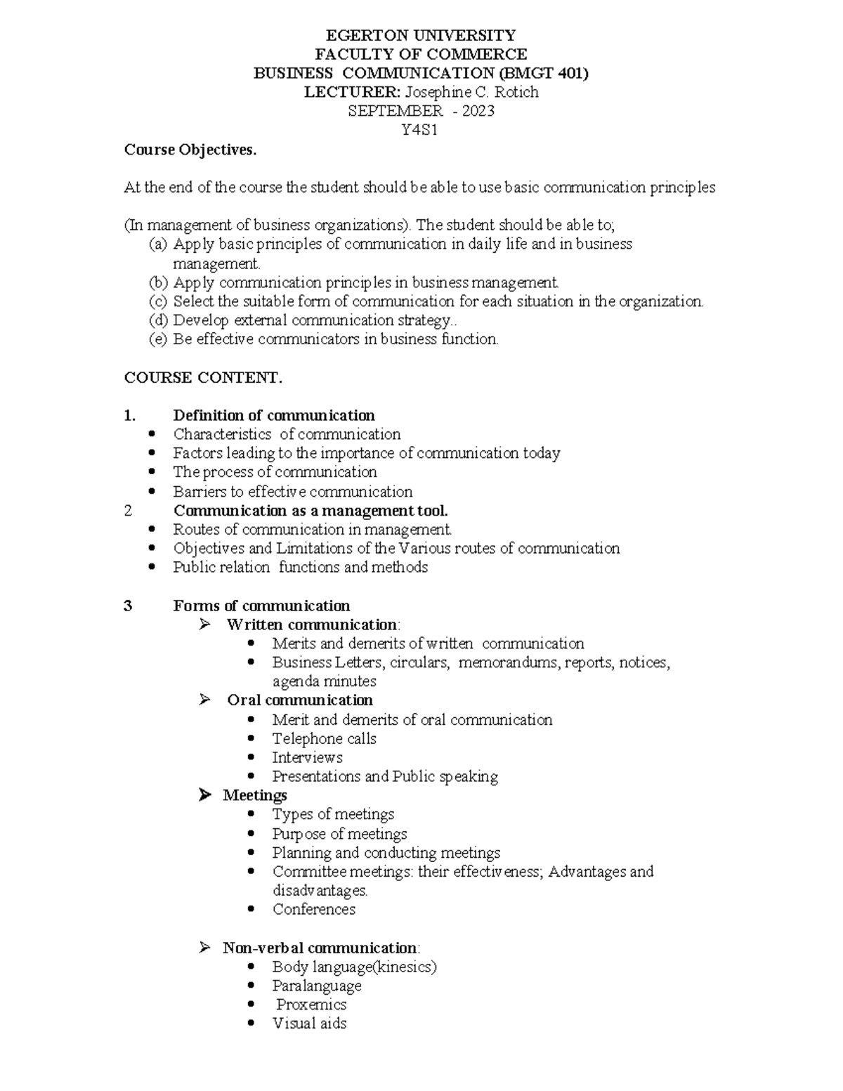 BMGT 401 business communication course outline - EGERTON UNIVERSITY ...