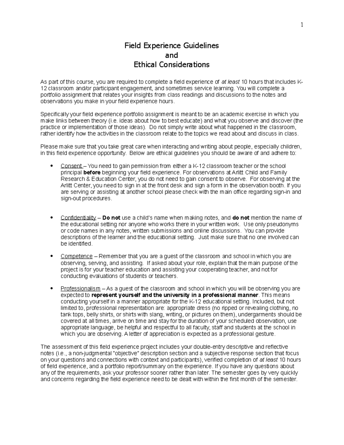 Field Experience Forms - Field Experience Guidelines and Ethical ...