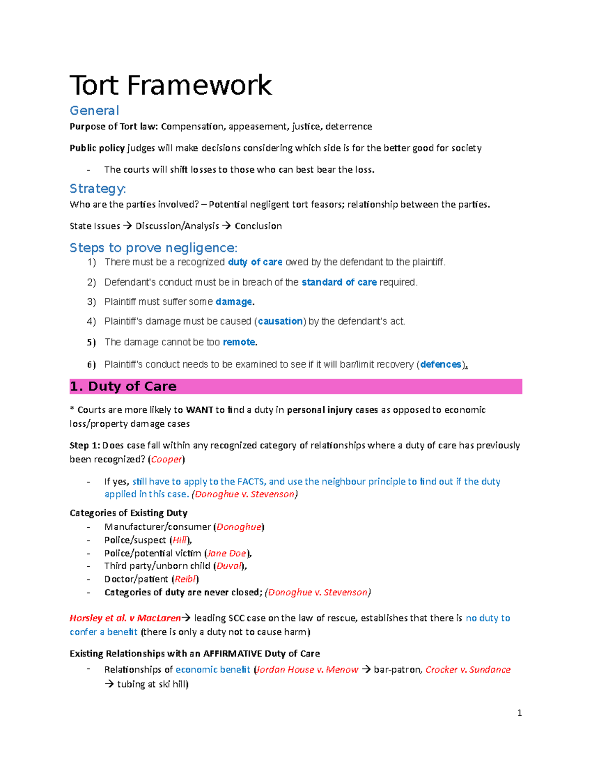 Tort Law Framework Fall 2014 - Tort Framework General Purpose of Tort ...