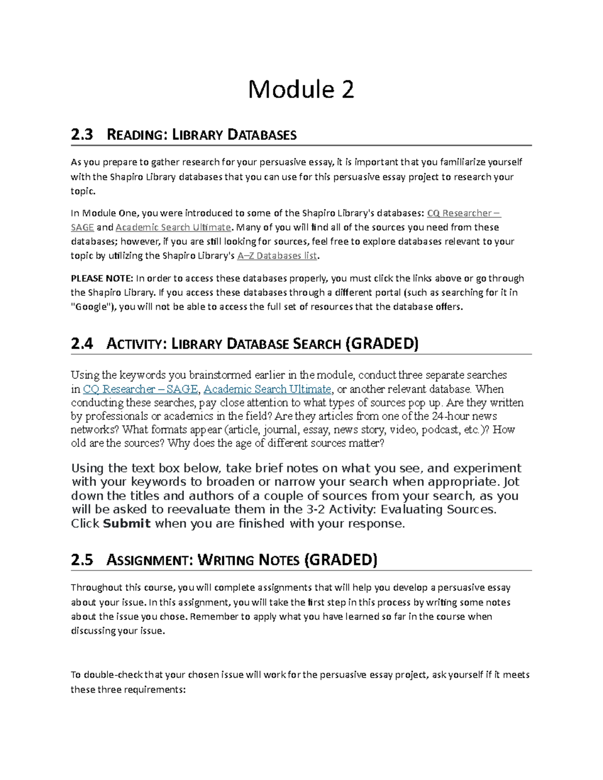 Eng123 Module 2 - ENG - Module 2 2 READING: LIBRARY DATABASES As you ...