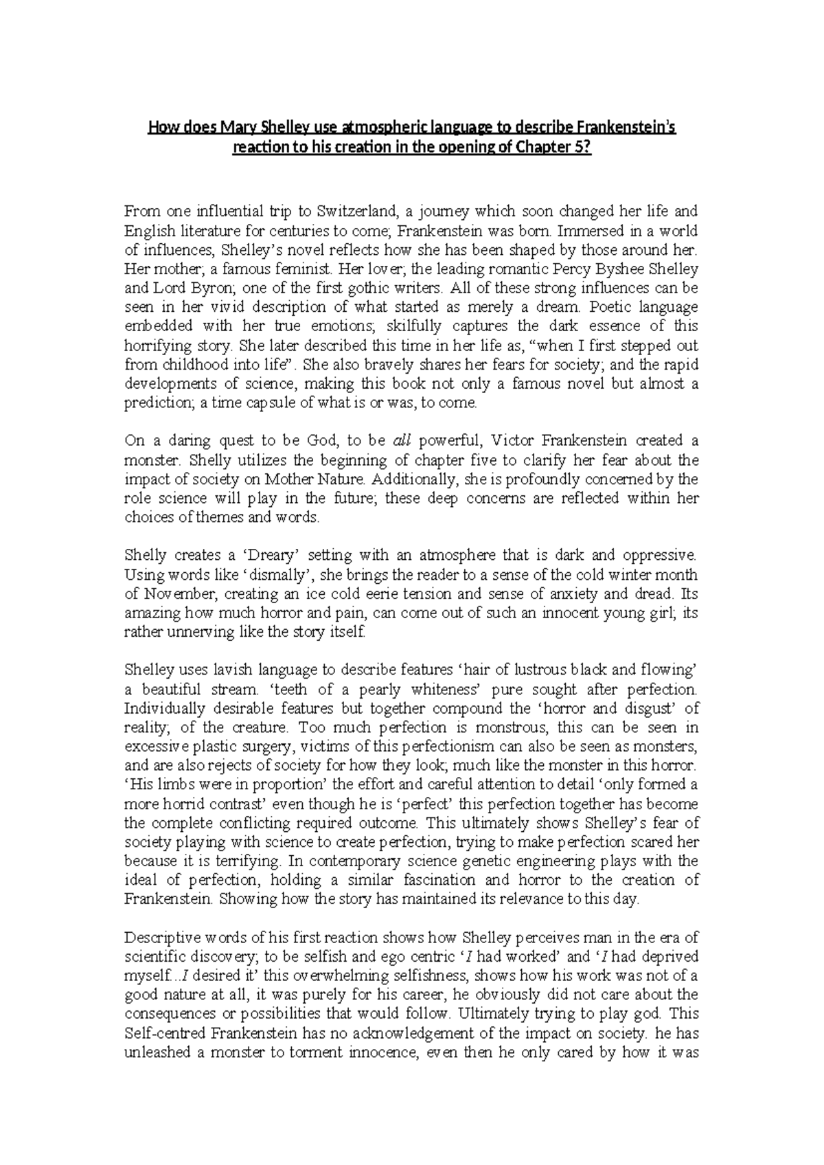 Frankenstein lesson 25 sample essay chap 5 extract - How does Mary ...