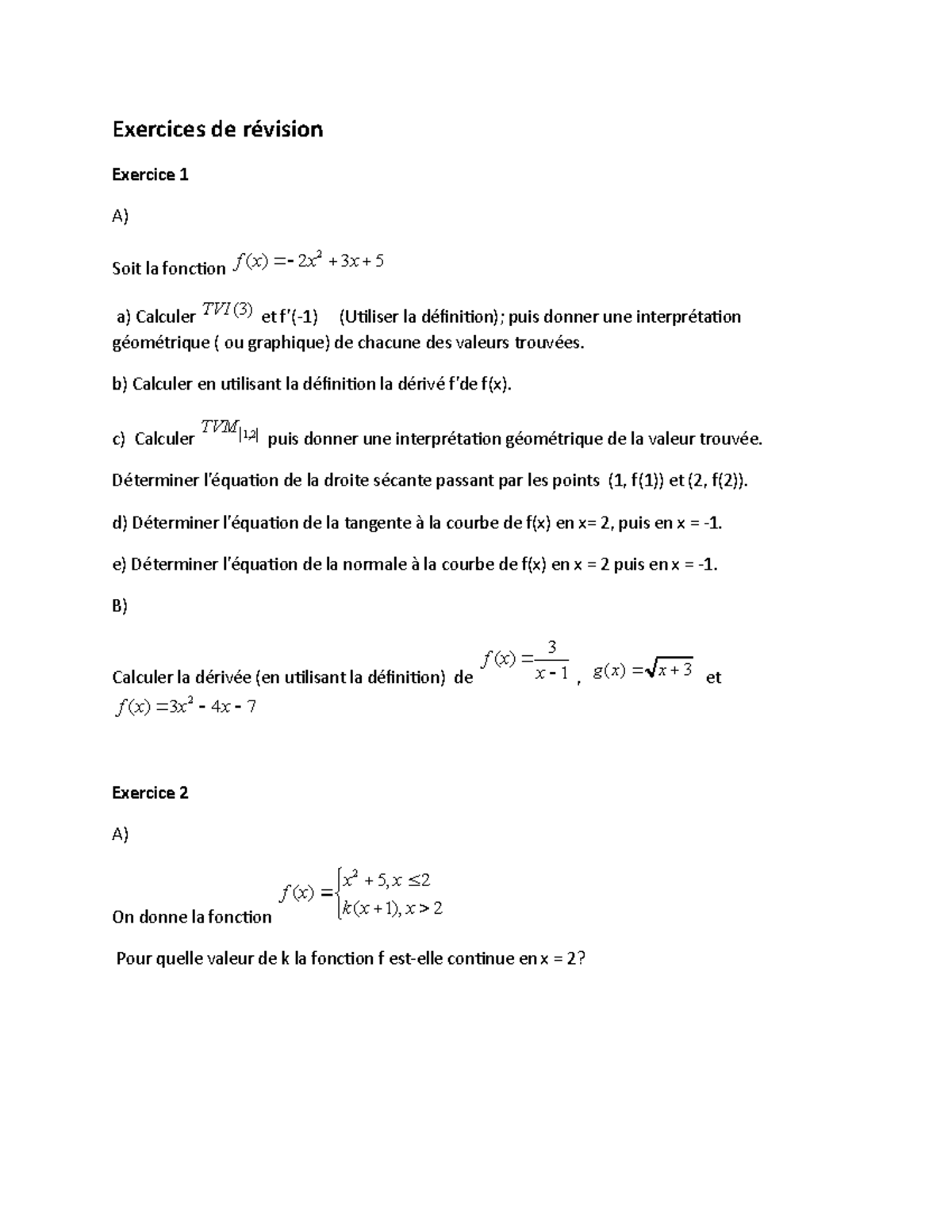 Exercices de révision 103 exam2 - Exercices de révision Exercice 1 A ...