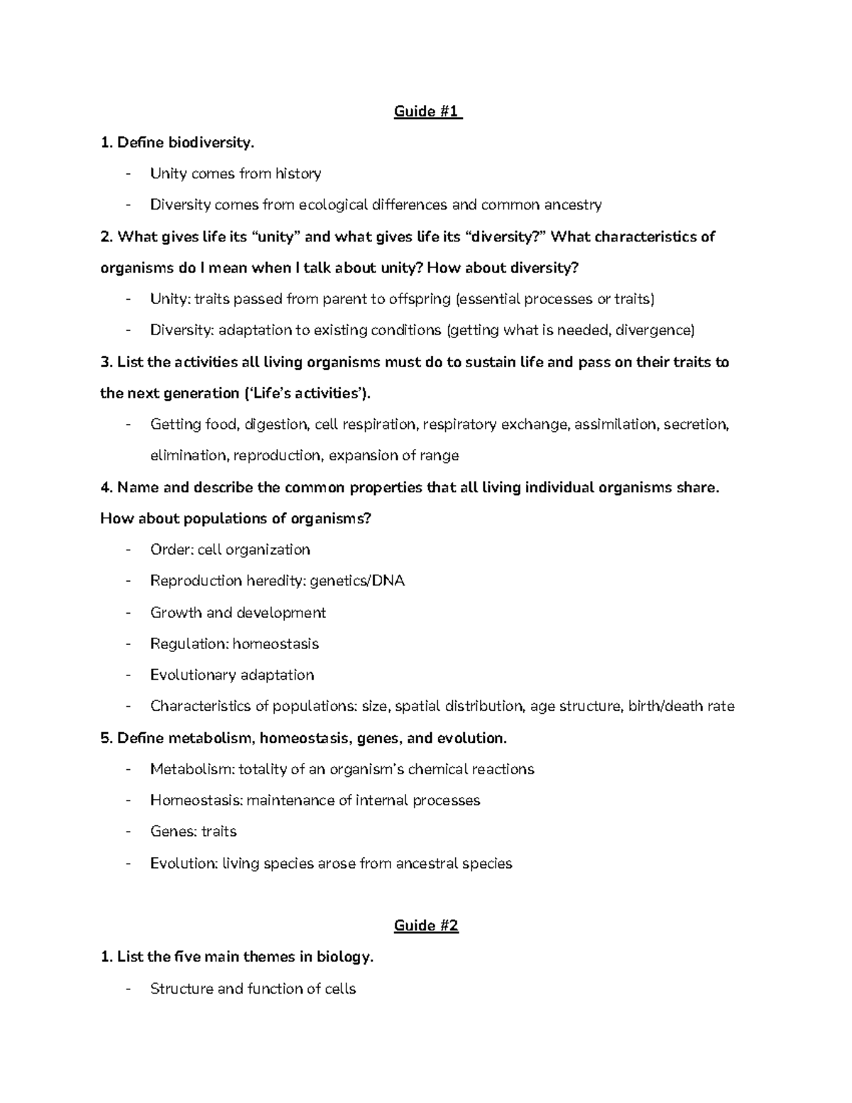 1030 SG 1 - Unit 1 Study Guide - Guide # Define biodiversity. Unity ...