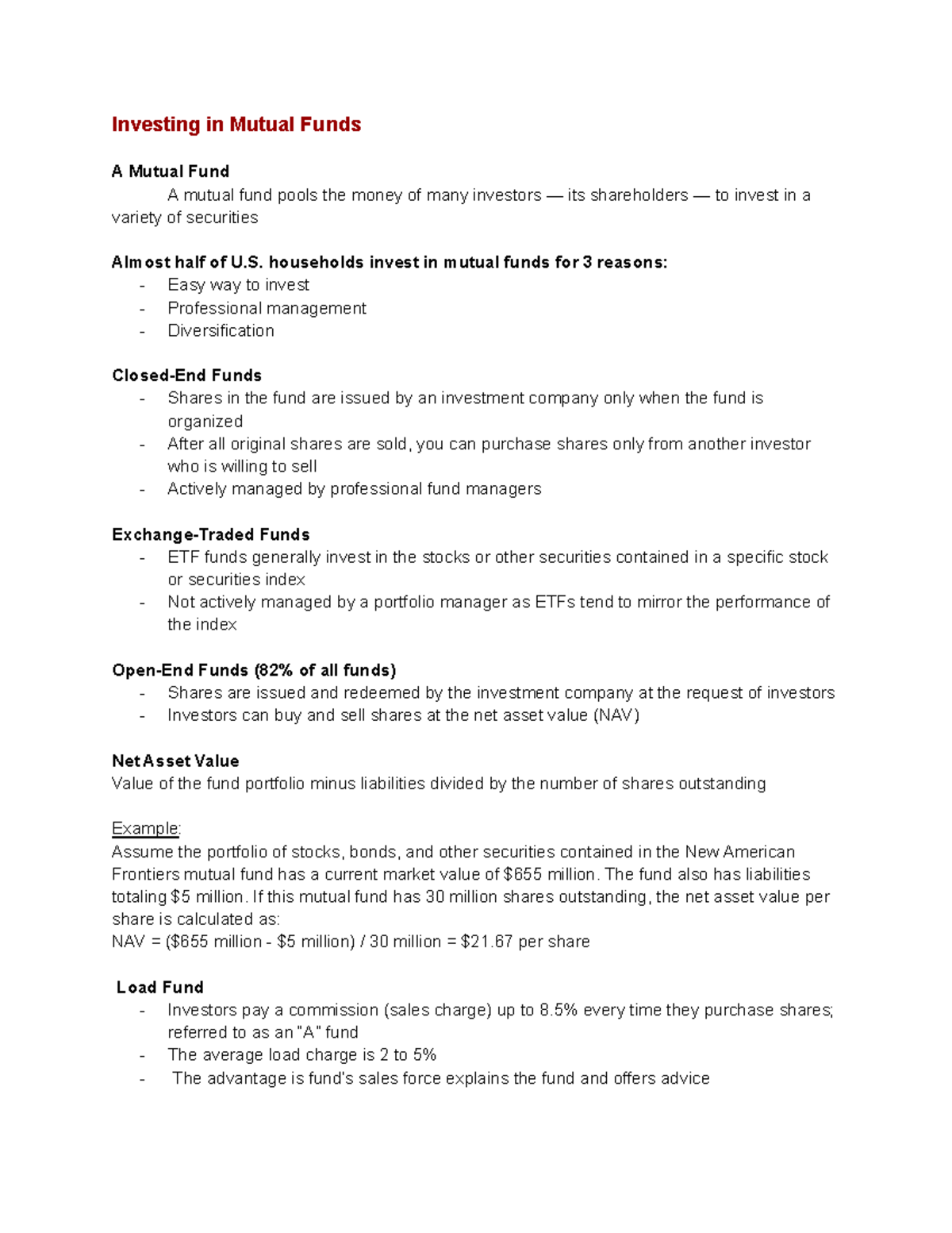Investing in Mutual Funds Part 1 Notes - Investing in Mutual Funds A ...