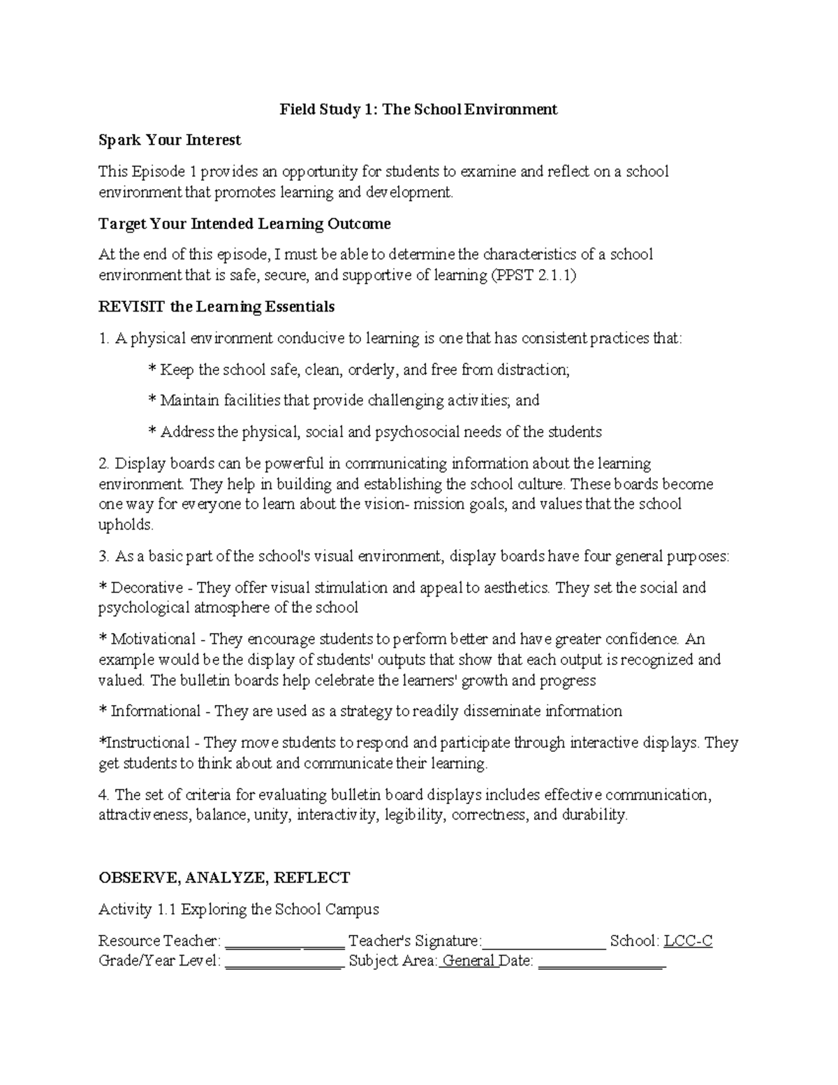 FS1-EP1 The-School-Environment - Field Study 1: The School Environment Spark Your Interest This ...