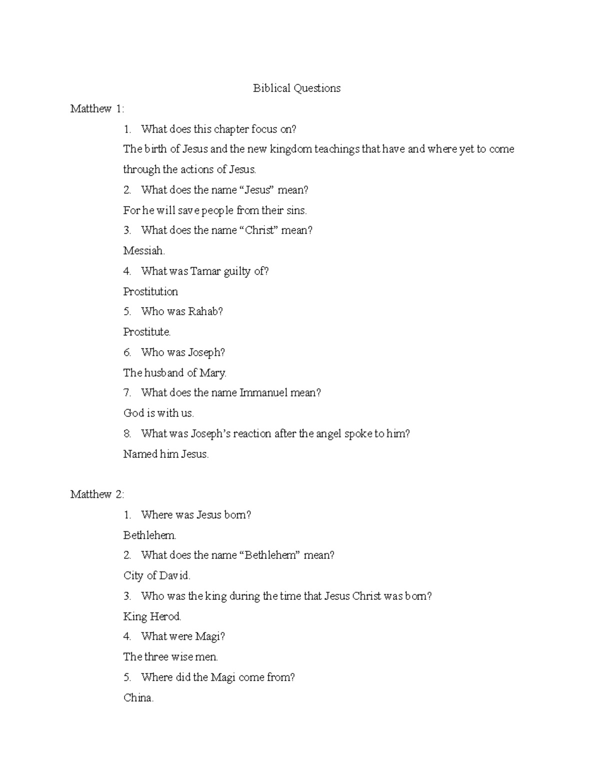 Biblical questions - outside of class bible reading assignment notes ...