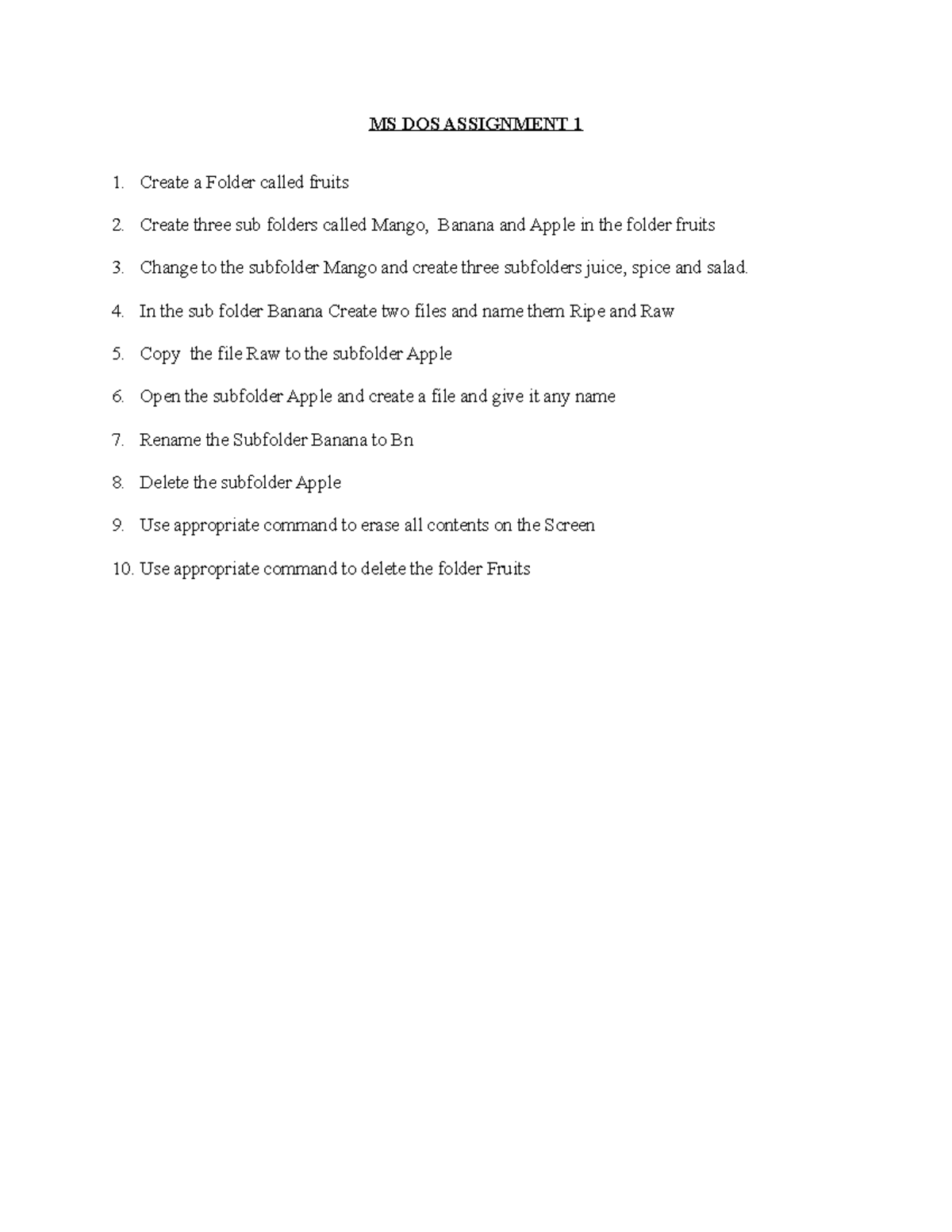Fruits - Ms Word Practice - MS DOS ASSIGNMENT 1 Create a Folder called ...
