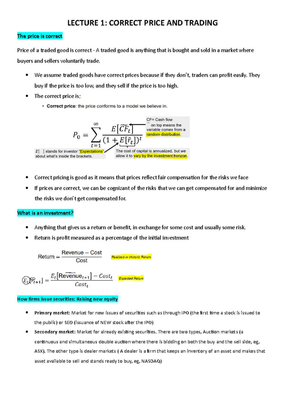 Investment Notes Real - LECTURE 1: CORRECT PRICE AND TRADING The price ...