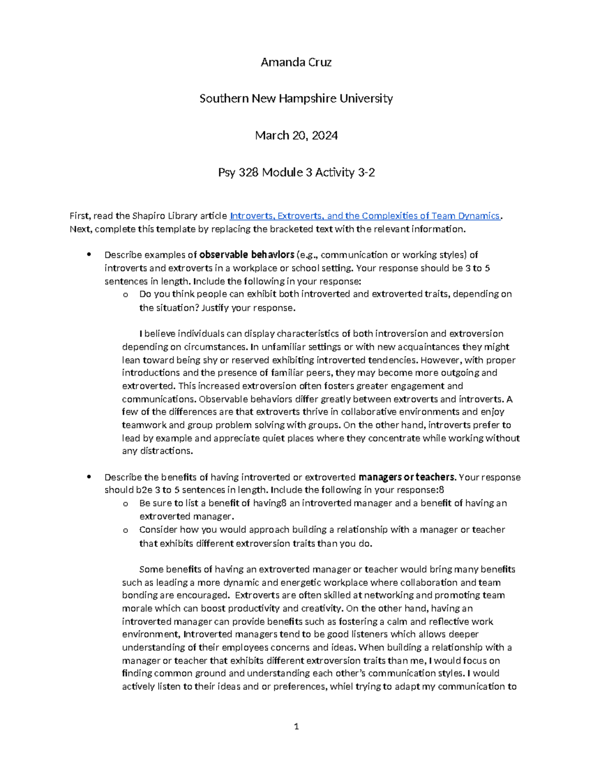 Psy 328 mod 3 activity 3-2 - Amanda Cruz Southern New Hampshire ...