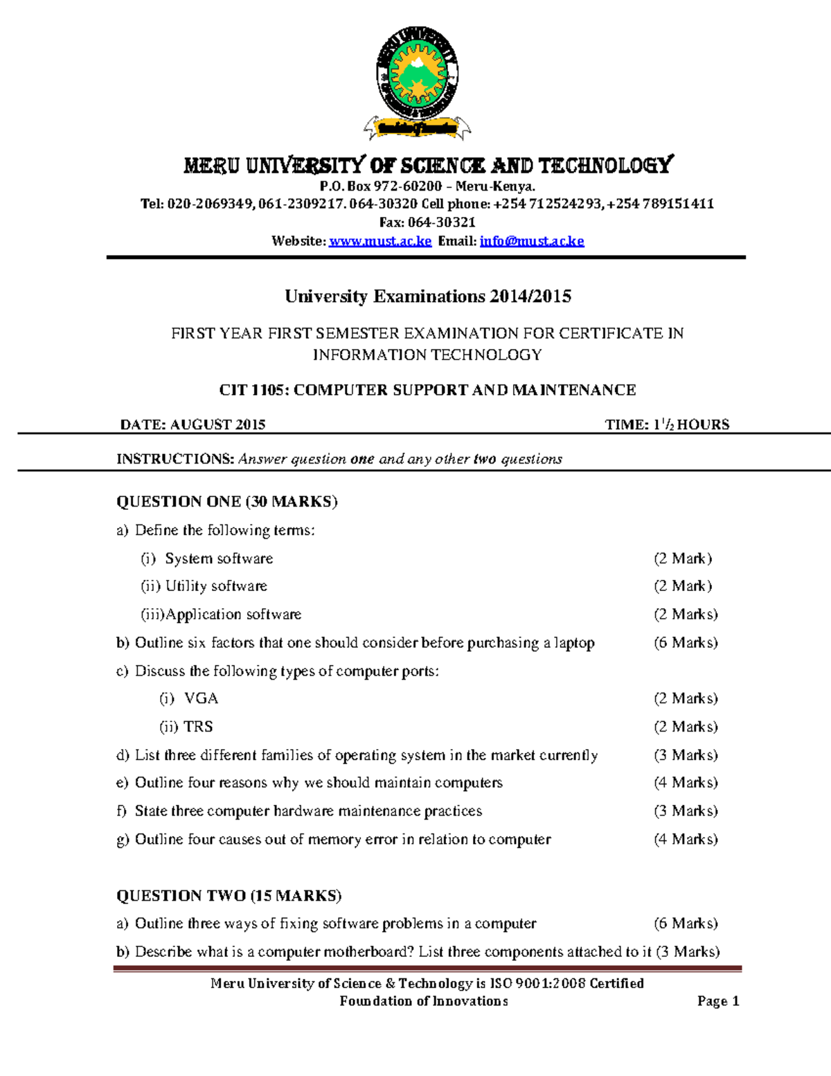 Microsoft Word CIT 1105 Computer Support AND Maintenance - Meru ...