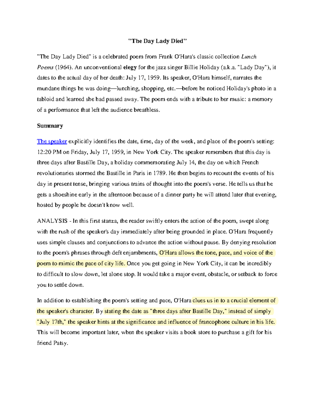 The Day Lady Died - Summary MA. English - "The Day Lady Died" "The Day ...