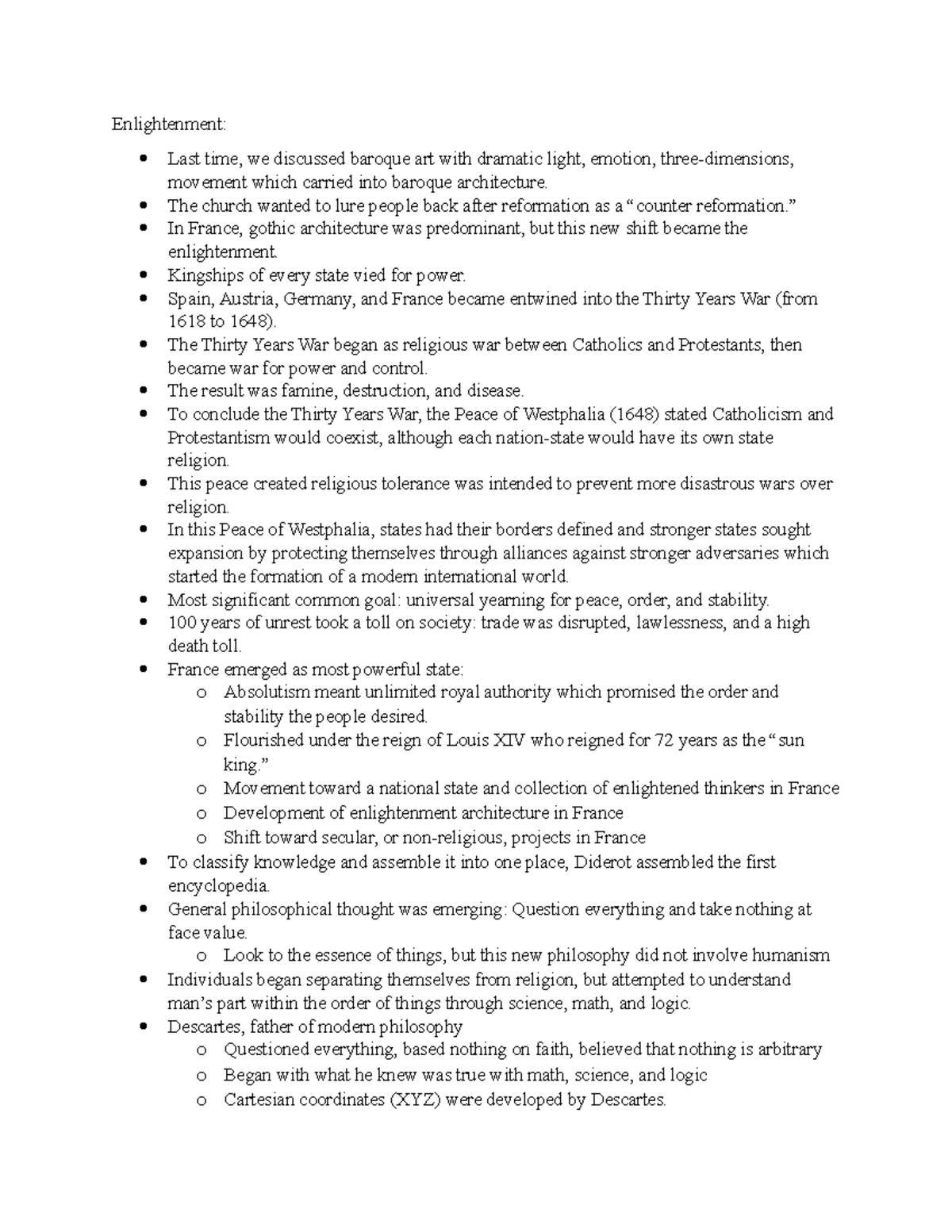 Lecture 21 rough draft - Enlightenment: Last time, we discussed - Studocu